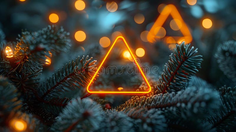 Neon Triangle Sign Atop Pine Tree Stock Photo - Image of pine ...