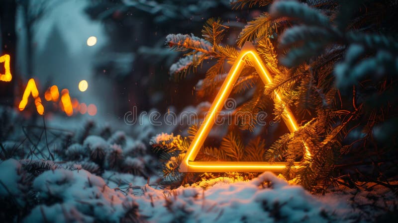 Neon Triangle Sign Atop Pine Tree Stock Photo - Image of pine ...