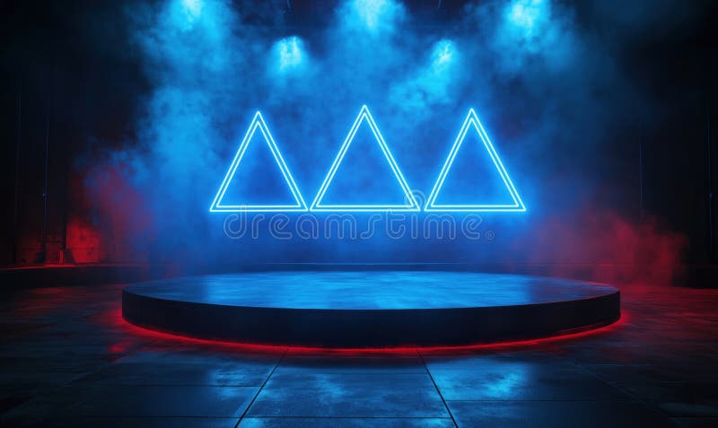 Neon Triangle Stage Design with Fog and Dramatic Lighting Effects Stock Photo - Image of ...