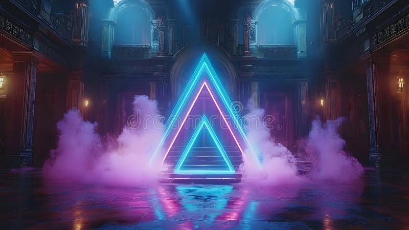 Neon Triangle Stage in Grand Hall 3D Illustration Stock Illustration ...