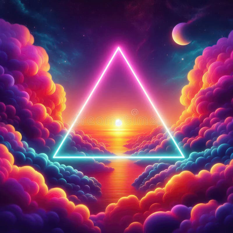 Neon Triangle with Sunset and Clouds in the Background. Stock Image ...