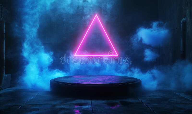 Neon Triangle Symbol Illuminated in Foggy, Dark Environment with ...
