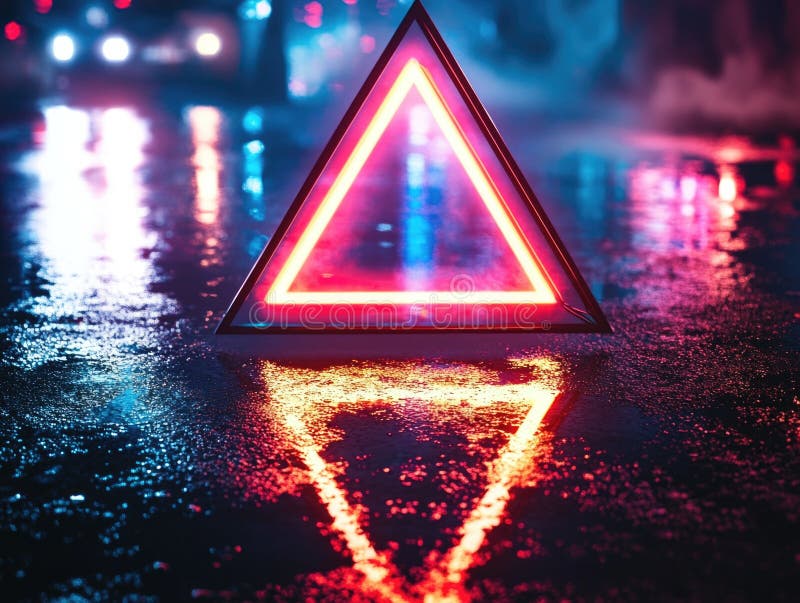 Neon Triangle on Wet Street Stock Photo - Image of reflection, night ...
