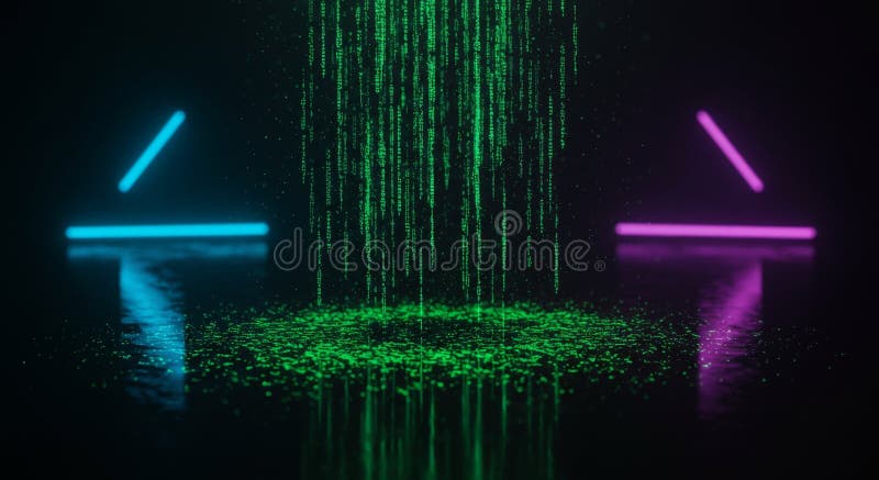Neon Triangles and Green Particles on Dark Reflective Surface Stock ...