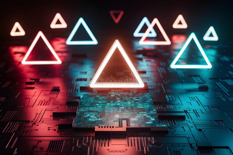 Neon Triangles Hover Above Circuit Matrix in Digital Landscape ...