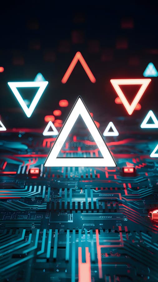 Neon Triangles Hover Above Circuit Matrix in Digital Landscape ...