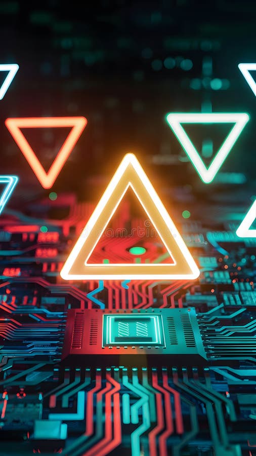 Neon Triangles Hover Above Circuit Matrix in Digital Landscape ...