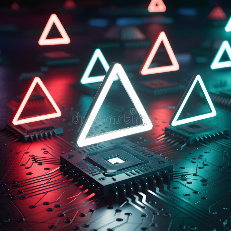 Neon Triangles Hover Above Circuit Matrix in Digital Landscape ...