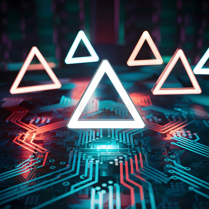 Neon Triangles Hover Above Circuit Matrix in Digital Landscape ...