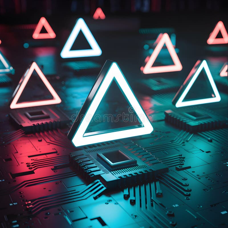Neon Triangles Hover Above Circuit Matrix in Digital Landscape ...