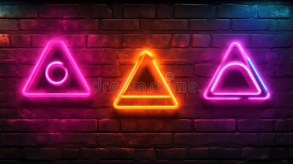 Neon Triangles Illuminate Brick Wall Background Stock Image - Image of ...