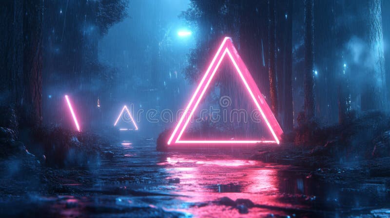 Neon Triangles Illuminate Rainy Forest Path Stock Illustration ...