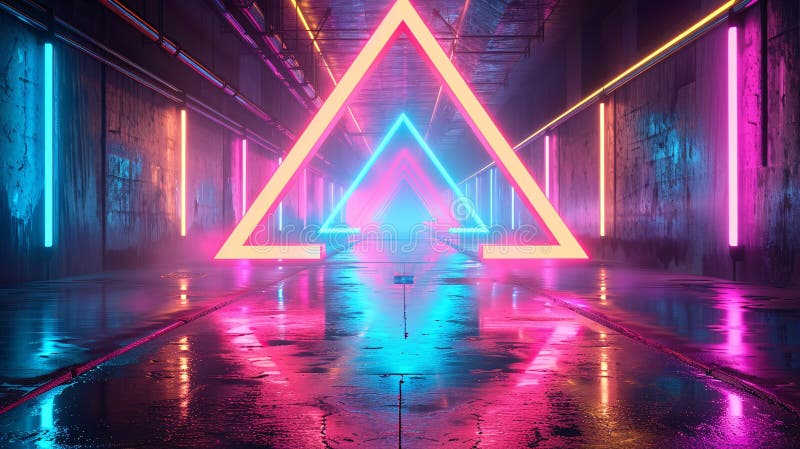 Neon Triangular Light Installation in Futuristic Atmospheric ...