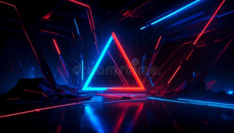 Neon Triangular Shapes in a Dark Futuristic Environment with Glowing ...