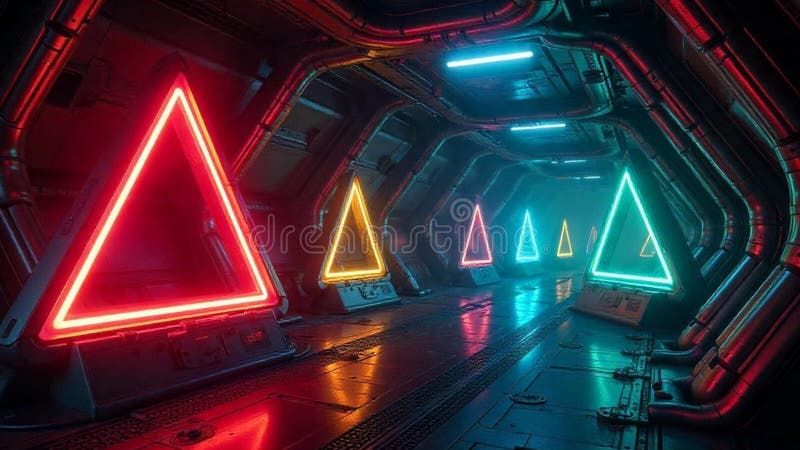 Neon Triangular Shapes in a Dark Futuristic Environment Stock ...