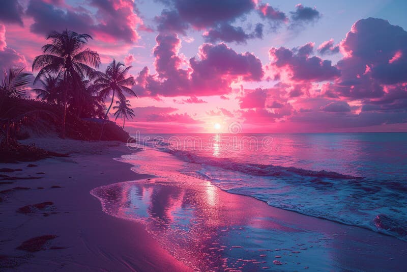 Neon Tropical Beach with Pink Sunset Stock Illustration - Illustration ...