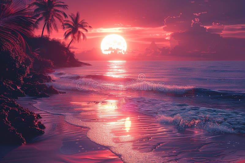 Neon Tropical Beach with Pink Sunset Stock Image - Image of beach, pink ...