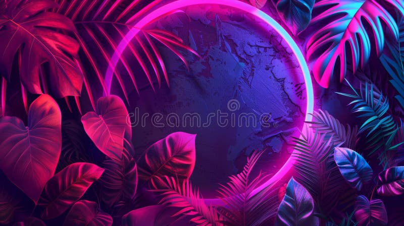 Neon Tropical Leaves with Glowing Circle, Futuristic Background Stock ...