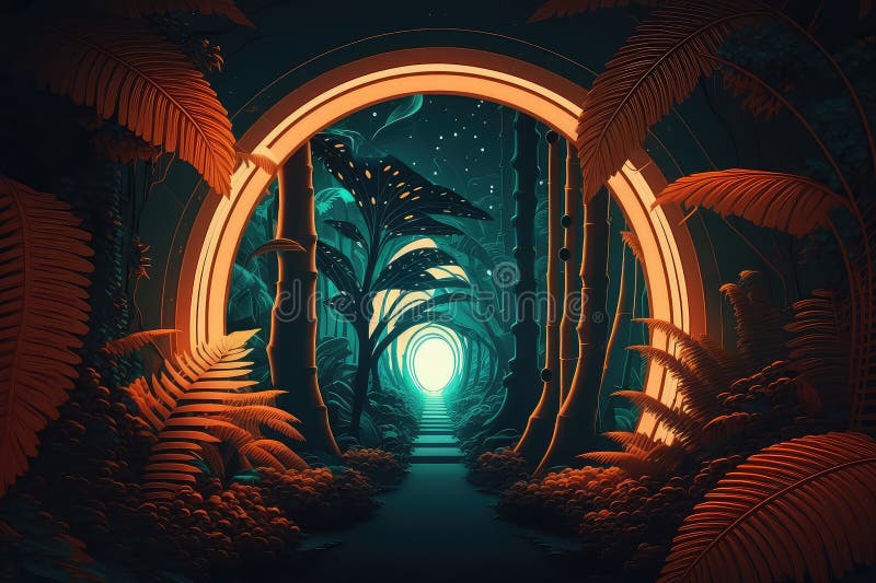 Neon Tunnel in the Tropical Jungle. Generative AI Stock Illustration ...