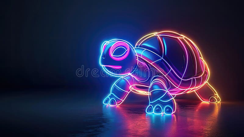 Neon Turtle with a Glowing Shell on a Dark Background. Stock Photo ...