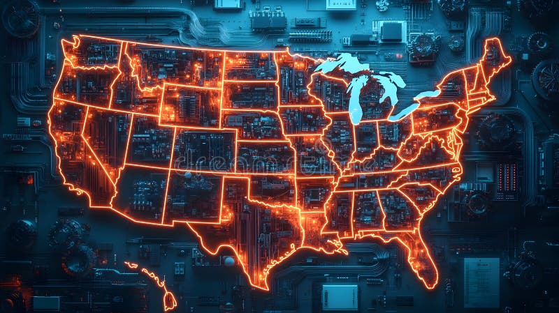Neon United States Map Over Circuit Board Background Depicting High ...