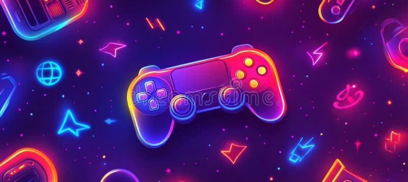 Neon Video Game Controller with Gaming Icons and Symbols Background ...