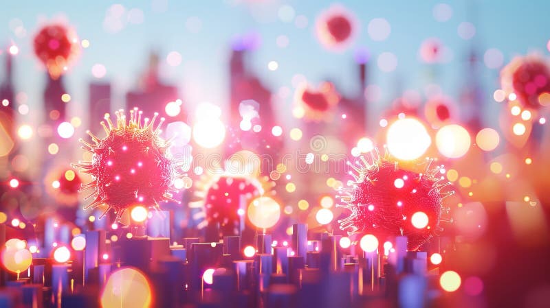 Neon Virus Particles in a Futuristic Cityscape Stock Illustration ...