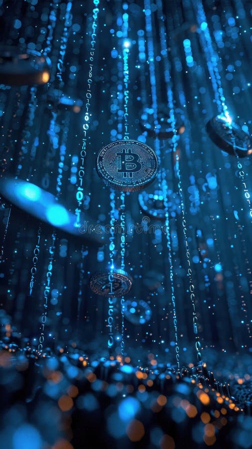 The Neon Waterfall from Bitcoin with Technology Binary Code. Digital ...