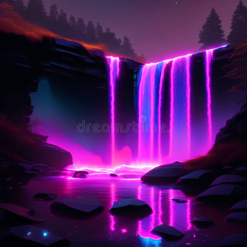 Neon Waterfall in the Forest at Night. 3d Rendering Stock Illustration ...