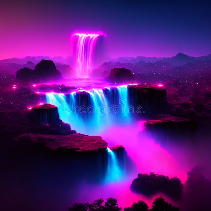 Neon Waterfall in the Mountains at Night. Vector Illustration for Your ...