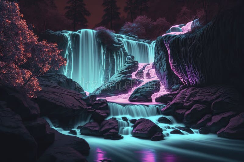 Neon Waterfall. Water Illuminated by Multicolored Light Stock ...