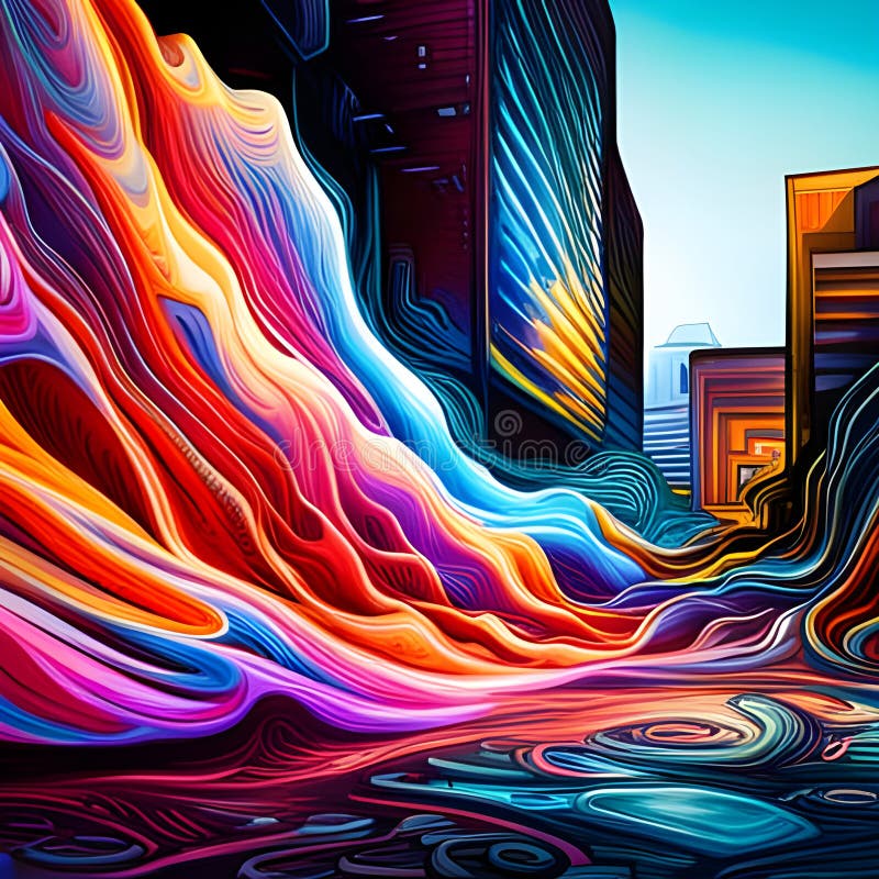 Neon Waves Stream through the Modern Evening City. Bytes of Information ...
