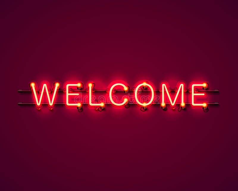Neon Welcome Open Signboard on the Brick Wall Background. Stock Vector ...