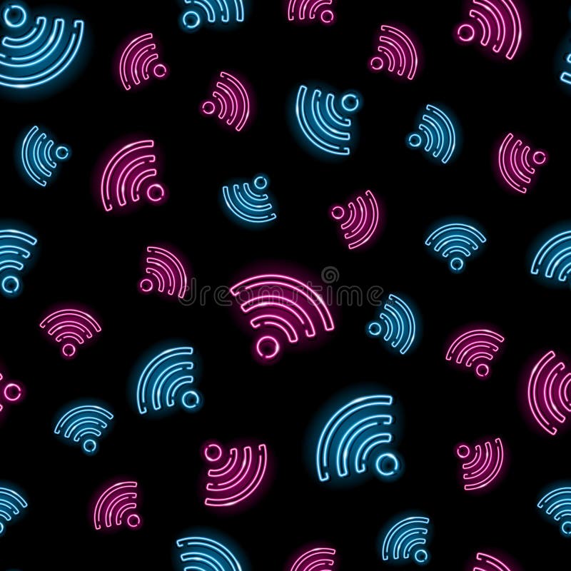 Neon Wi-fi Seamless Pattern with Blue and Pink Icons on Black ...