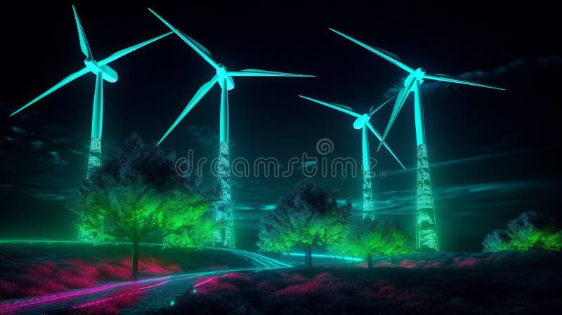 Neon Wind Turbines for Renewable Energy. Generative Ai Stock Image ...