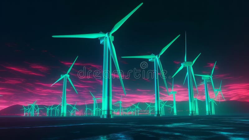 Neon Wind Turbines for Renewable Energy. Generative Ai Stock ...