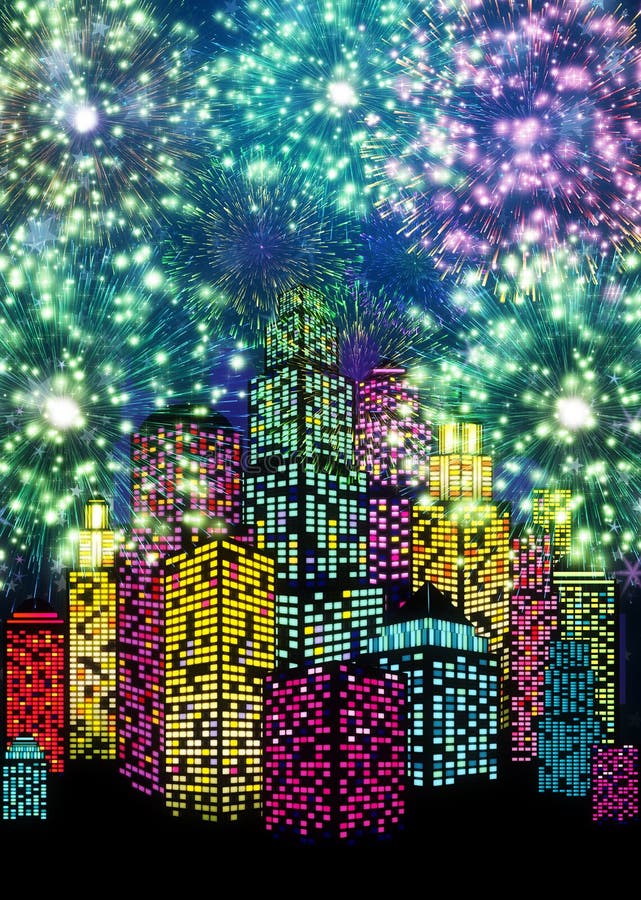 Neon Windows of City and Fireworks Stock Illustration - Illustration of ...