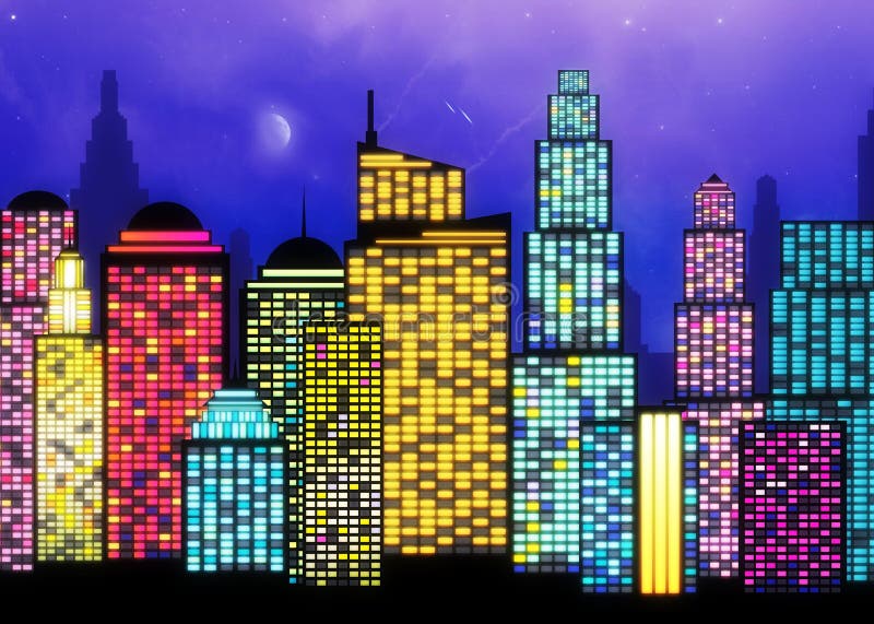 Neon windows of city stock illustration. Illustration of house - 172932003