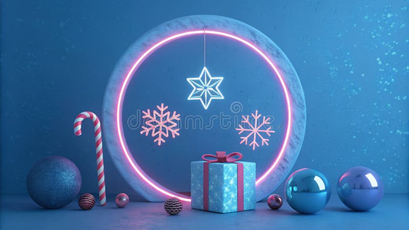 Neon Winter Gift 3D Render, Blue, Gift Box Stock Illustration ...