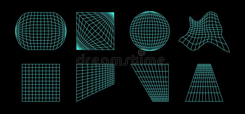 Neon Wireframe Elements Collection. Geometric Surface Grid of Different ...