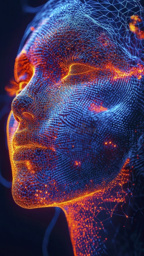 Neon Wireframe Face in Digital Abstract Glow Art Stock Illustration ...