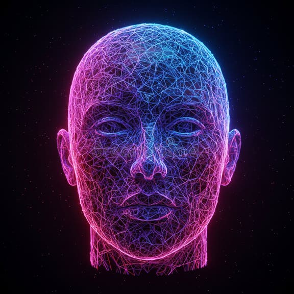 Neon Wireframe Head Composed of Interconnected Triangular Meshes in ...