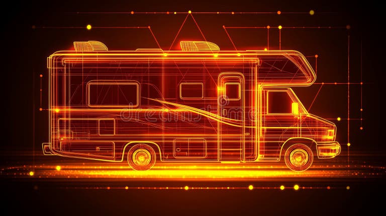 Neon Wireframe of a Modern Camper Van, Concept for Travel, Technology ...