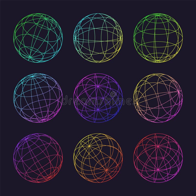 Neon Wireframe Shapes, Lined Sphere. Perspective Mesh, 3d Grid. Low ...