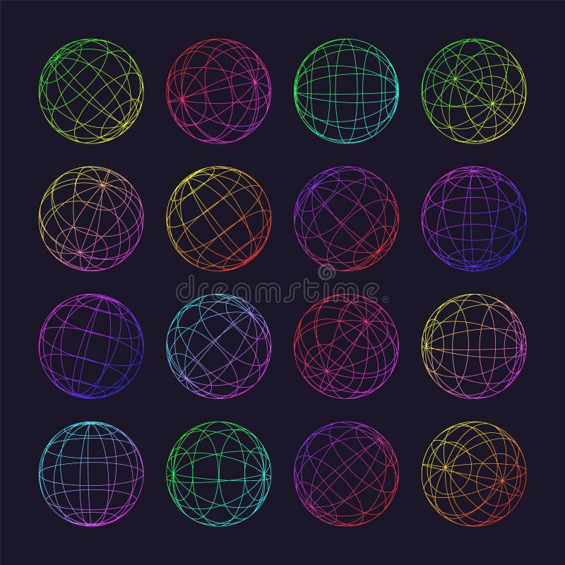 Neon Wireframe Shapes, Lined Sphere. Perspective Mesh, 3d Grid. Low ...