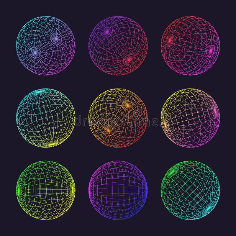 Neon Wireframe Shapes, Lined Sphere. Perspective Mesh, 3d Grid. Low ...
