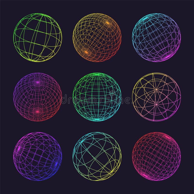 Neon Wireframe Shapes, Lined Sphere. Perspective Mesh, 3d Grid. Low ...