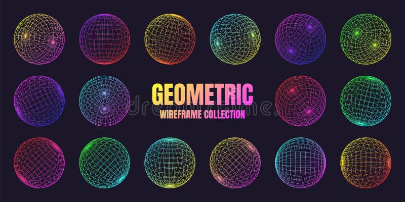 Neon Wireframe Shapes, Lined Sphere. Perspective Mesh, 3d Grid. Low ...