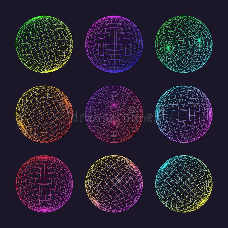 Neon Wireframe Shapes, Lined Sphere. Perspective Mesh, 3d Grid. Low ...