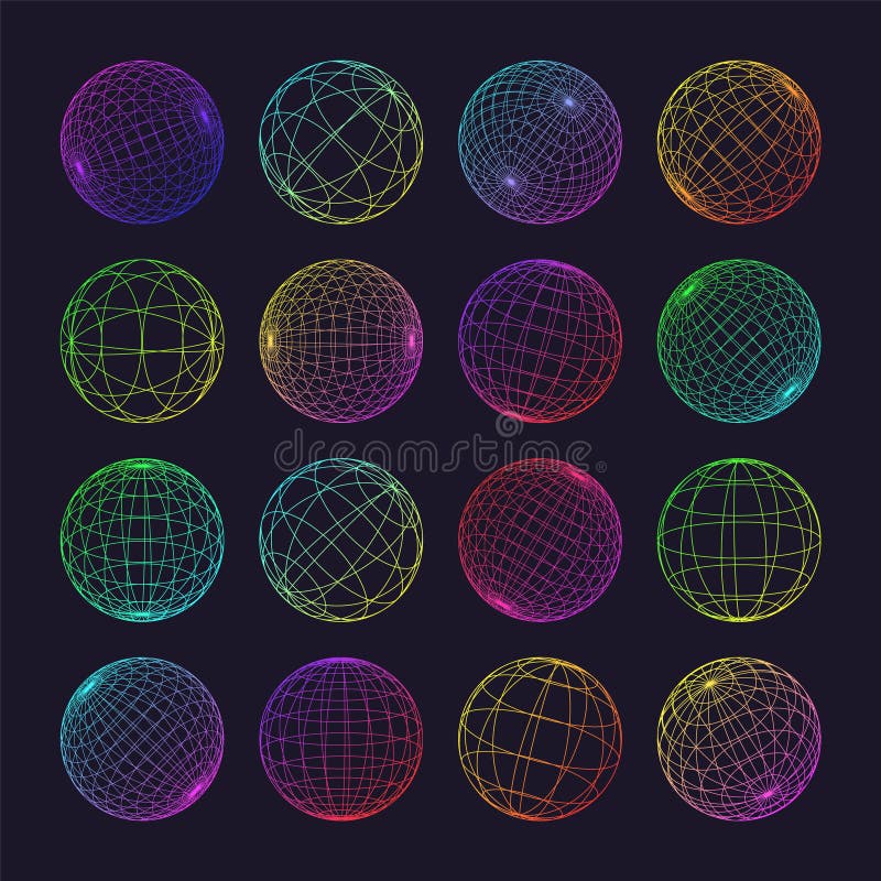 Neon Wireframe Shapes, Lined Sphere. Perspective Mesh, 3d Grid. Low ...
